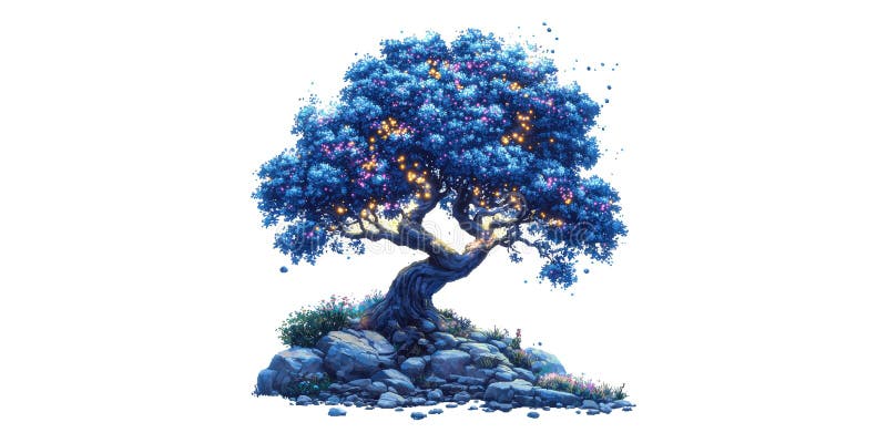 Blue Bonsai Tree with Glowing Leaves Isolated on Transparent Background ...