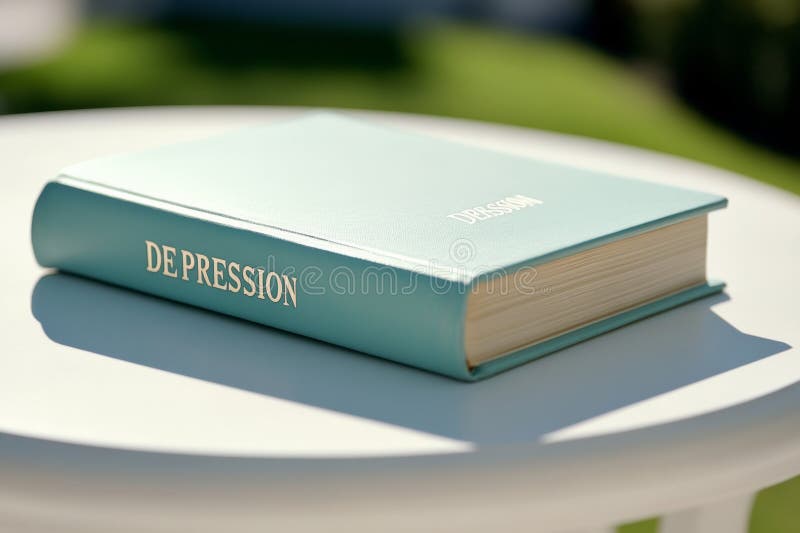Blue Book with the Title Depression on a White Table, Outdoors. Stock ...