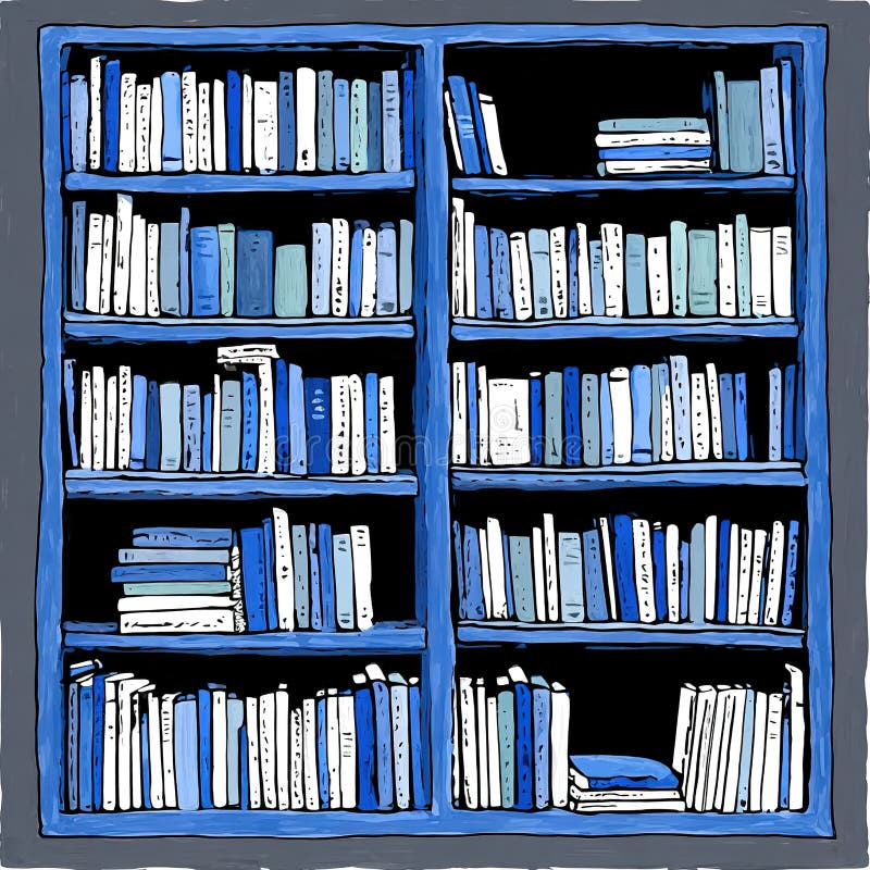 Blue Bookshelf with Books, Sketch Style Illustration, Interior Decor ...