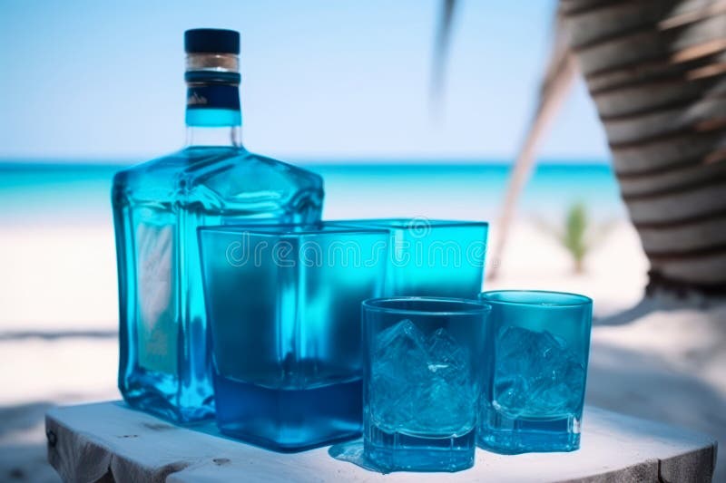 Blue Bottle with Alcoholic Drinks with Ice Cube Vacation by the Sea ...