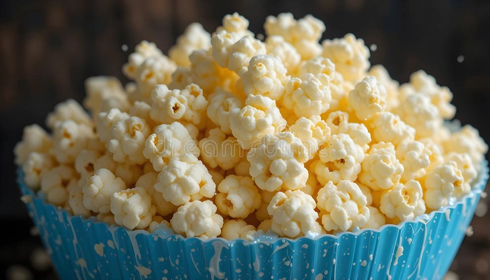 A Blue Bowl Brimming with Fluffy, Popped Corn Kernels. Stock Photo ...