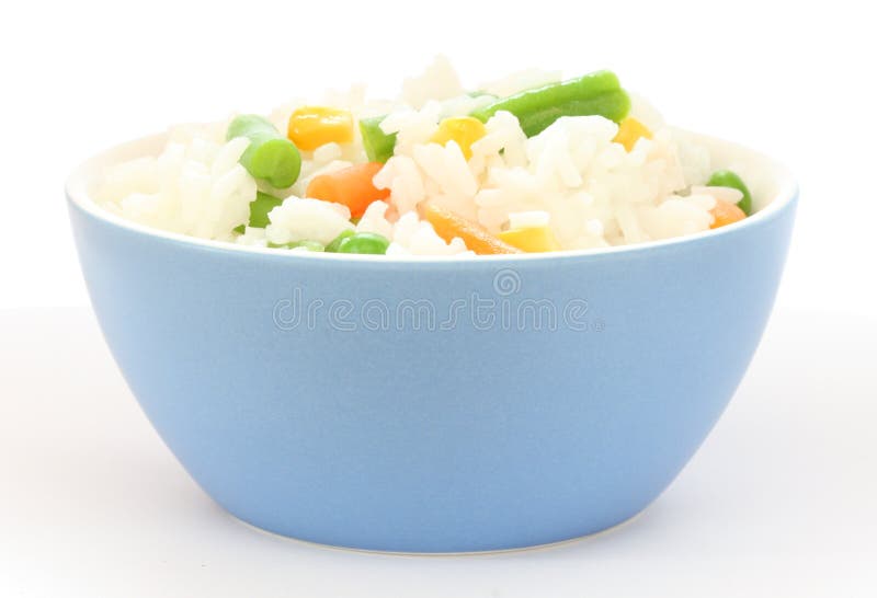 Blue Bowl with Cooked Rice with Mixed Vegetable Stock Image - Image of ...