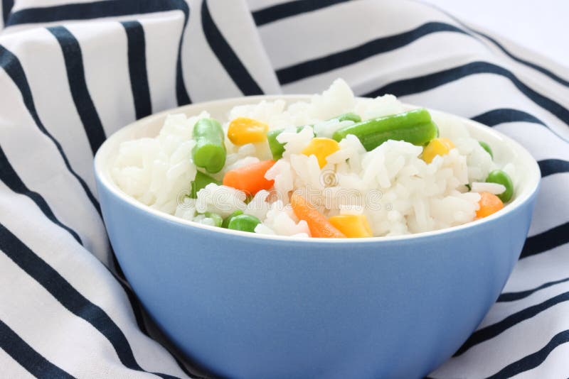 Blue Bowl with Cooked Rice with Mixed Vegetable Stock Photo - Image of ...