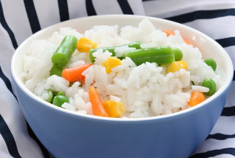 Blue Bowl with Cooked Rice with Mixed Vegetable Stock Photo - Image of ...