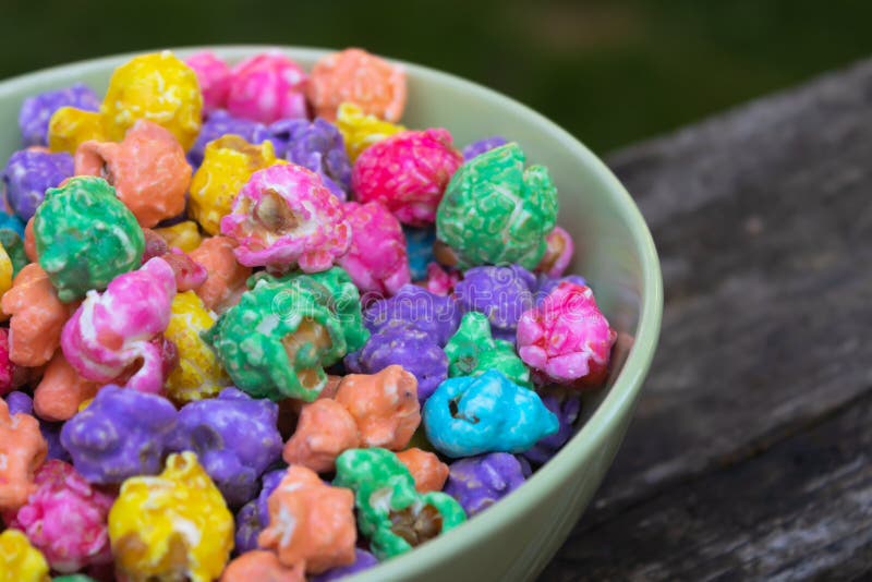 A Blue Bowl Full of Rainbow Popcorn Stock Photo - Image of horizontal ...
