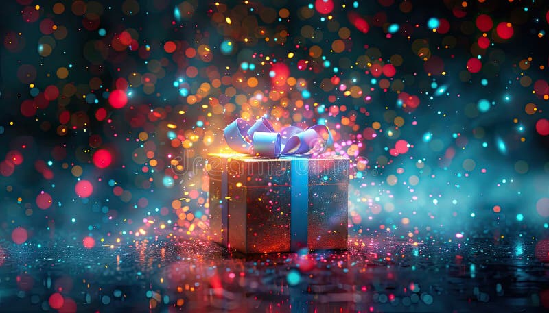 A Blue Box with a Blue Ribbon is Exploding in a Colorful Explosion of ...