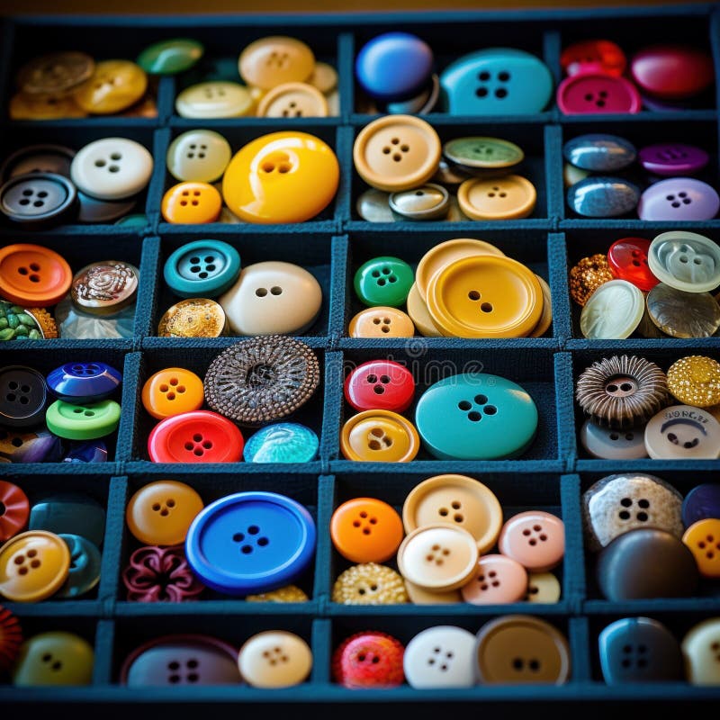 A Blue Box Filled with Many Different Colored Buttons, AI Stock ...