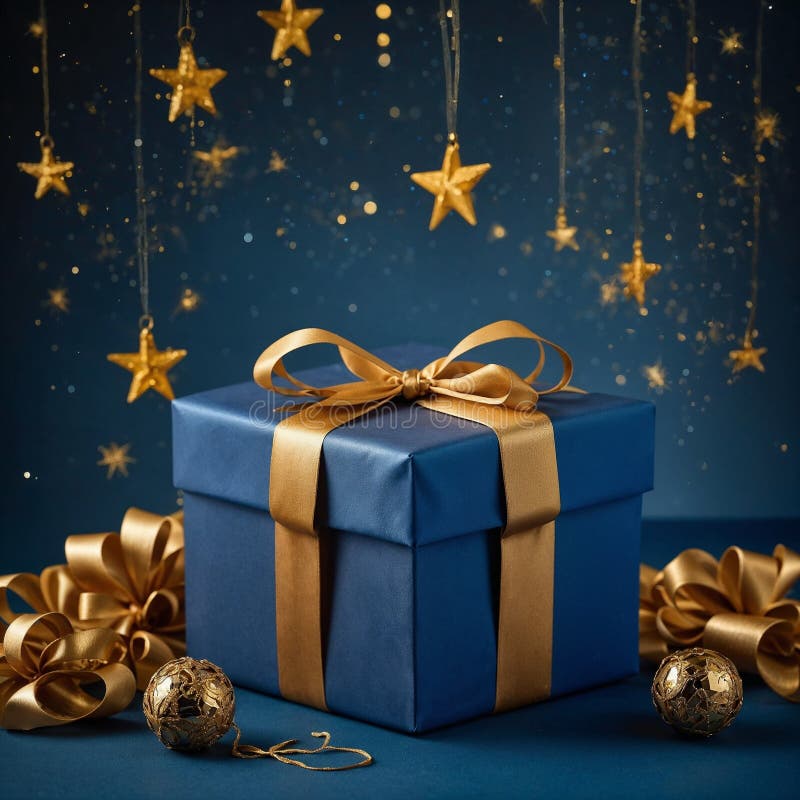 A Blue Box with a Gold Ribbon Sits on a Blue Background with Gold Stars ...