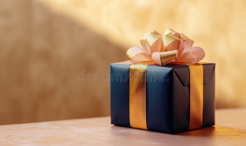 A Blue Box with Gold Ribbons on it Stock Photo - Image of background ...