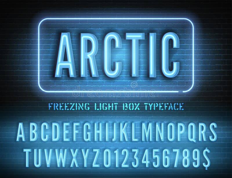 Blue Box Neon Font with Numbers on Brick Wall Background. Vector Arctic ...