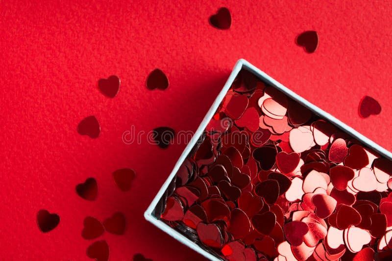 Blue Box with Red Hearts Confetti. Love Present Concept Stock Image ...