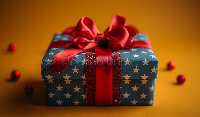 A Blue Box with Red Ribbon and Stars on it Stock Image - Image of decor ...