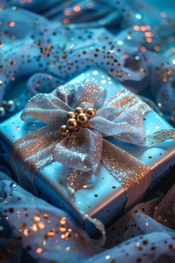 A Blue Box with a Silver Bow on Top of it Stock Illustration ...