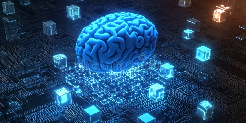 Blue Brain on Circuit Board with Glowing Data Cubes Stock Illustration ...