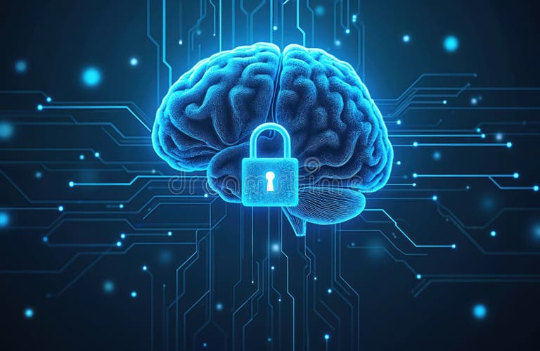 Blue Brain with Lock Represents Digital Security Concept. Data ...