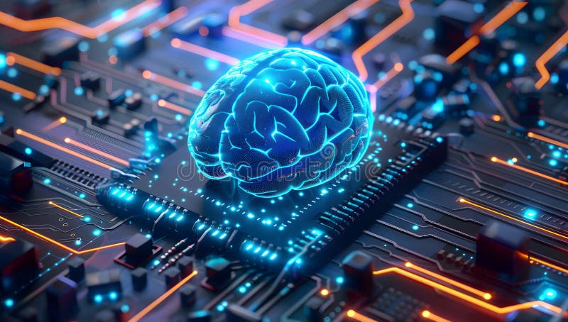 Artificial Intelligence Hardware Concept. Glowing Blue Brain Circuit on ...
