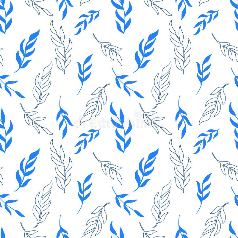 Blue Branches Seamless Pattern. Leaves Hand Drawn Vector Illustration ...