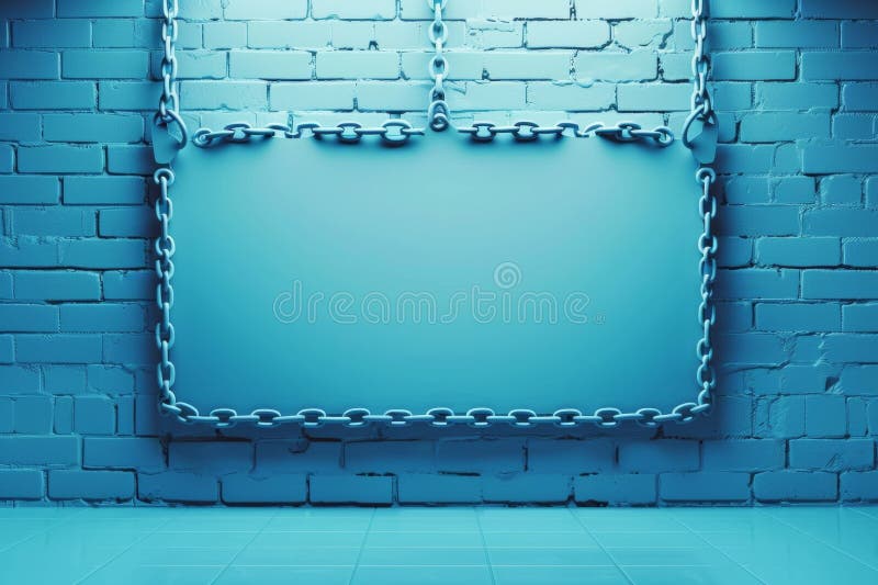 A Blue Brick Wall with a Chain and Empty Frame, AI Stock Illustration ...