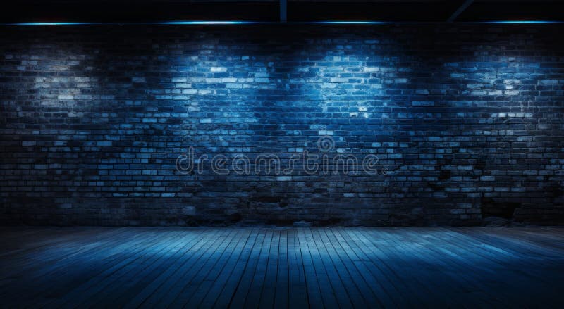 Blue Brick Wall and Wooden Floor Illuminated by Spotlights. 3D ...