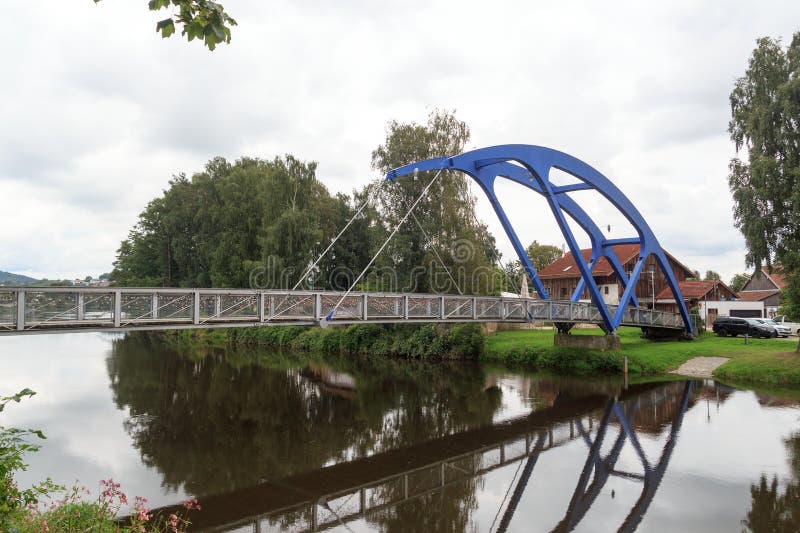 Blue Bridge Crossing the River Regen in the Town of Cham, Germany Stock ...