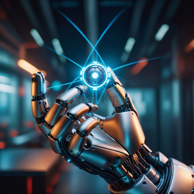 AI. a Blue Bright Atom Hangs Over the Robot S Hand. an Iron Robotic ...
