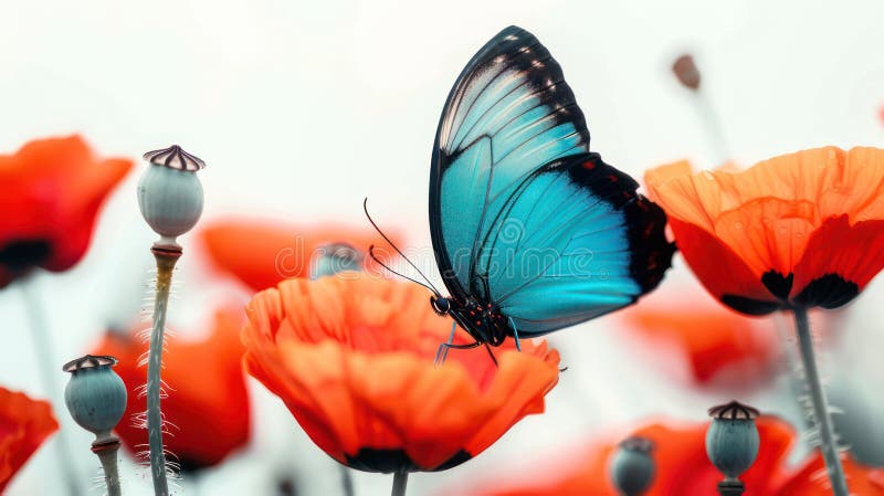 Blue Bright Butterfly on Red Poppy Flowers Stock Illustration ...