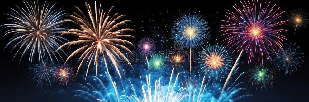 Blue Bright Celebration Fireworks on Plain Black Sky Ai Generated Stock ...