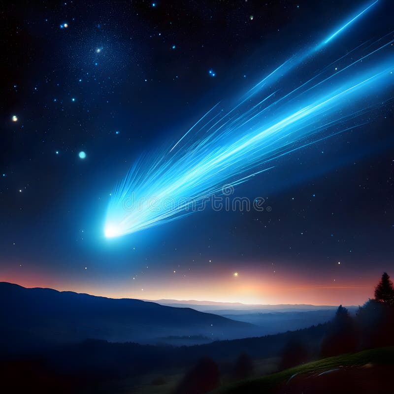 Blue Bright Meteor Passing Over the Night Sky with Mountain Landscape ...