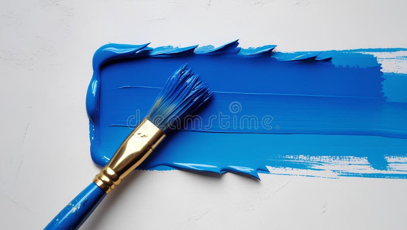 Blue Bristle Paintbrush Resting on Blue Paint Stroke on Light ...