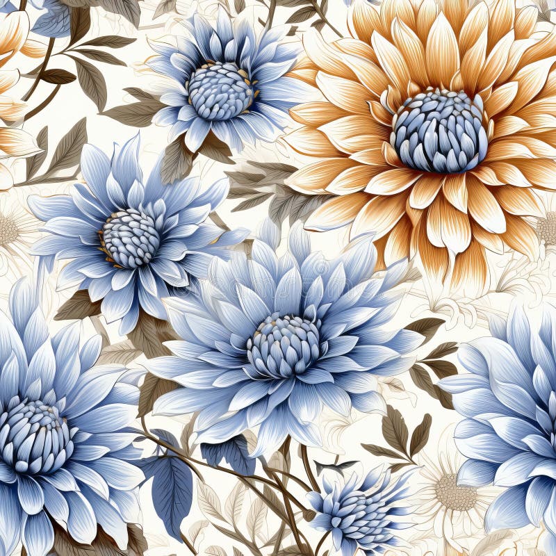 Blue and Brown Aster with White Border - Repeating Pattern Print Stock ...