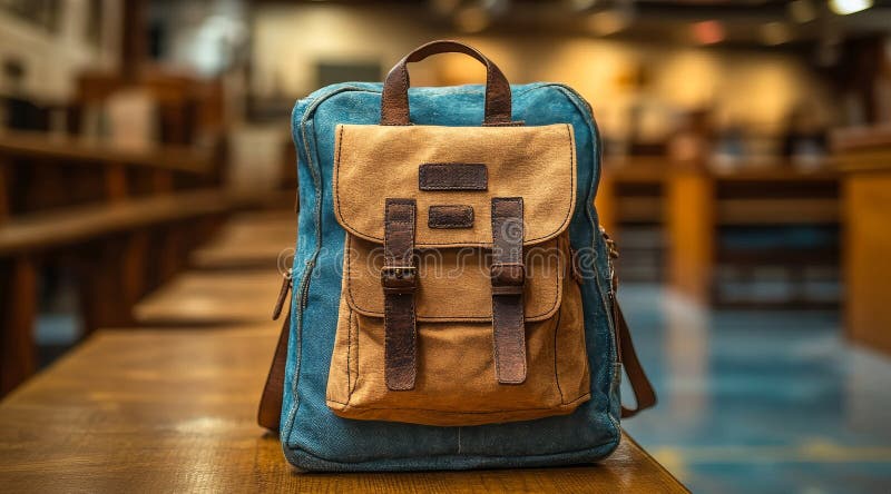 A Blue and Brown Backpack Sits on a Wooden Table Stock Image - Image of ...