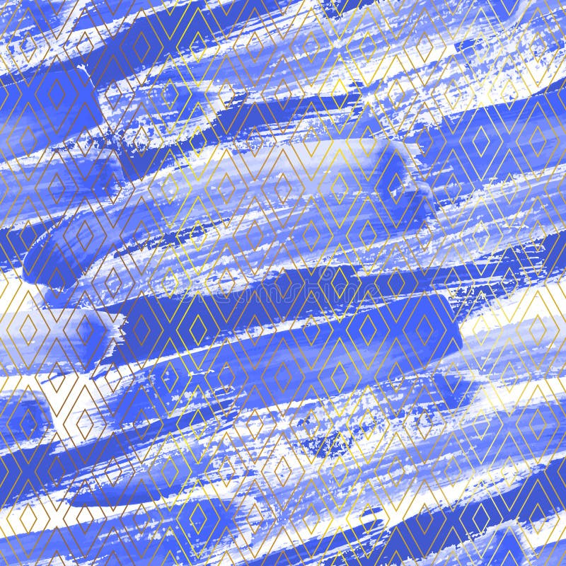 Blue Brush Strokes Seamless Pattern Design with Gold Geometric Design ...
