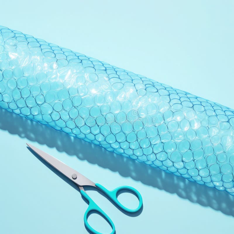 Blue Bubble Wrap Roll with Scissors on Light Blue Background Stock ...