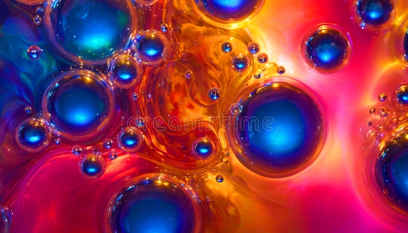 Blue Bubbles and Drops on Crimson Surface, Abstract Bright Liquid ...