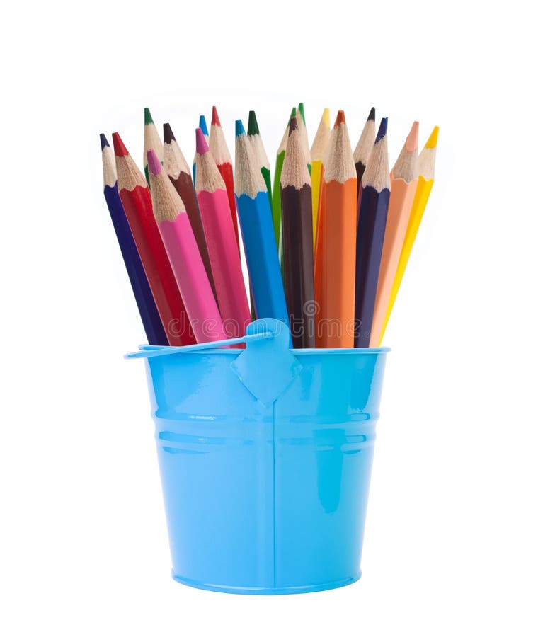 Blue Bucket with Color Pencils Stock Image - Image of container, bright ...