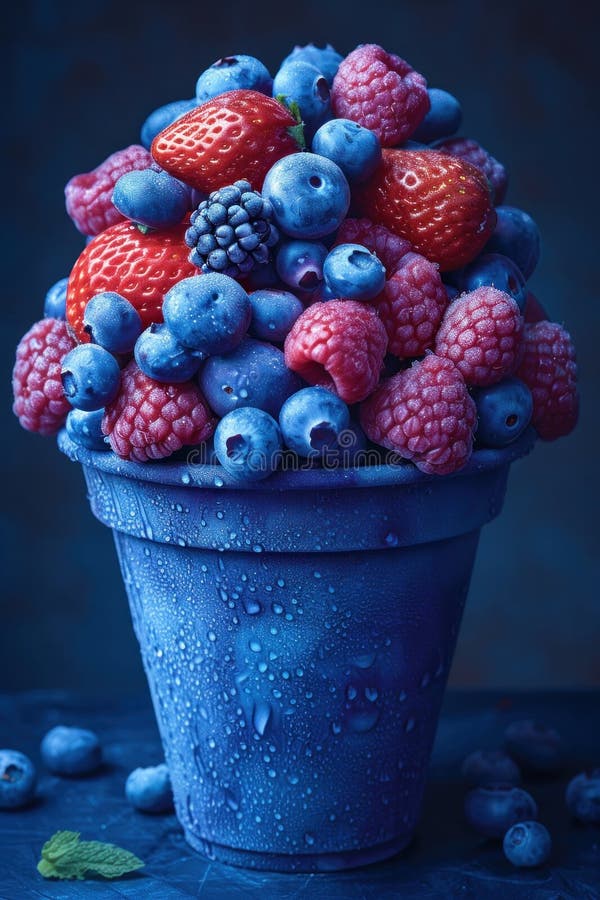 A Blue Bucket Filled with Berries and Leaves on a Table, AI Stock Image ...