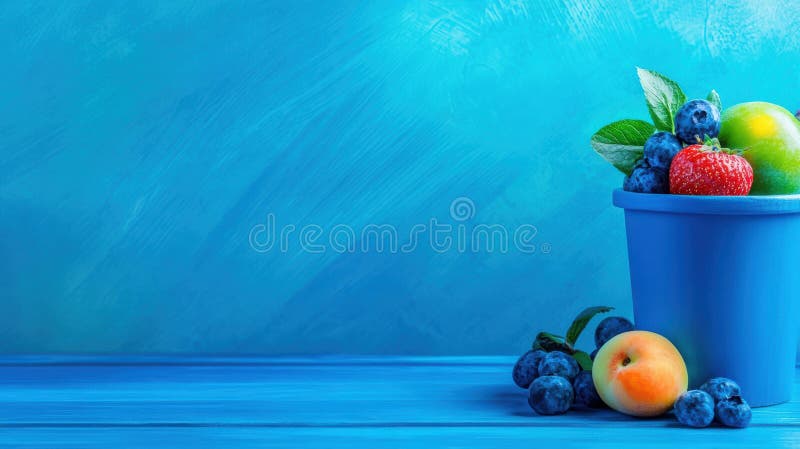 A Blue Bucket Filled with Various Fruits Sits on a Table. Stock Image ...