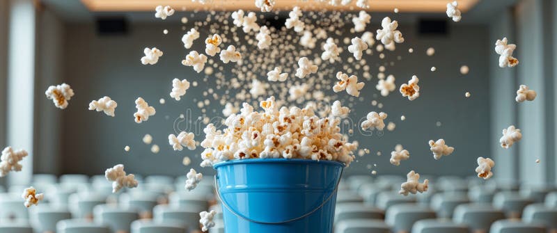 Blue Bucket of Flying Popcorn in Cinema Hall. Stock Photo - Image of ...