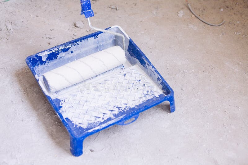 Blue Bucket with Paint and a Brush Roller Paint Tray Stock Image ...