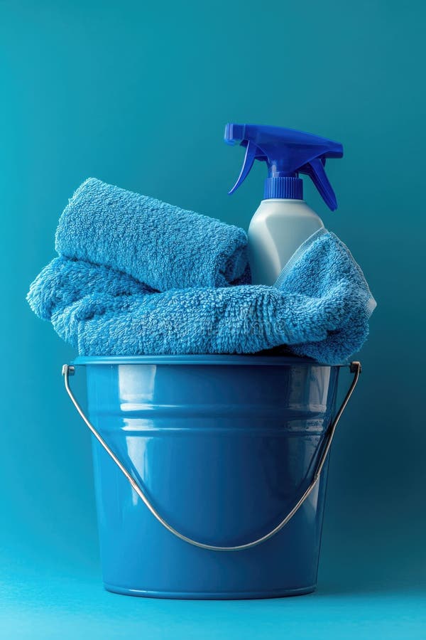 Blue Bucket with Towels and Spray Bottle Stock Image - Image of ...