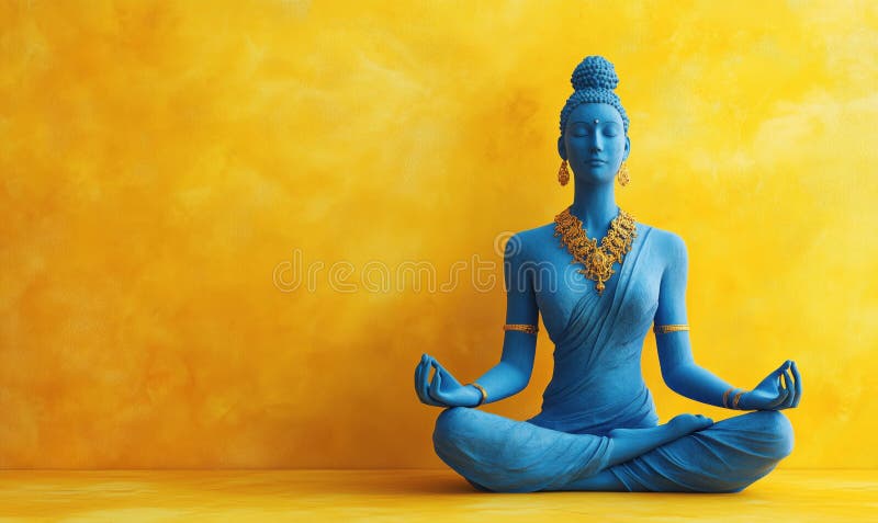 Blue Buddha Statue in Meditative Pose Against Vibrant Yellow Background ...