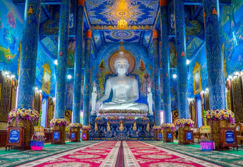 Blue Buddhist Temple with White Buddha Statue in Chiang Rai, Thailand ...