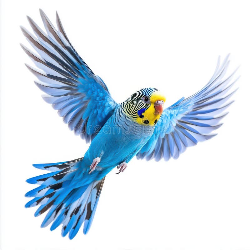 Blue Budgie in Flight Wings Spread Wide Bright Colors White Background ...
