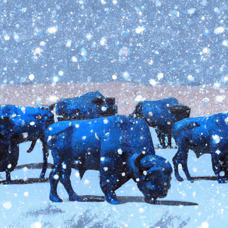 Blue Buffalo Herd in Snowstorm Stock Photo - Image of herd, prairie ...