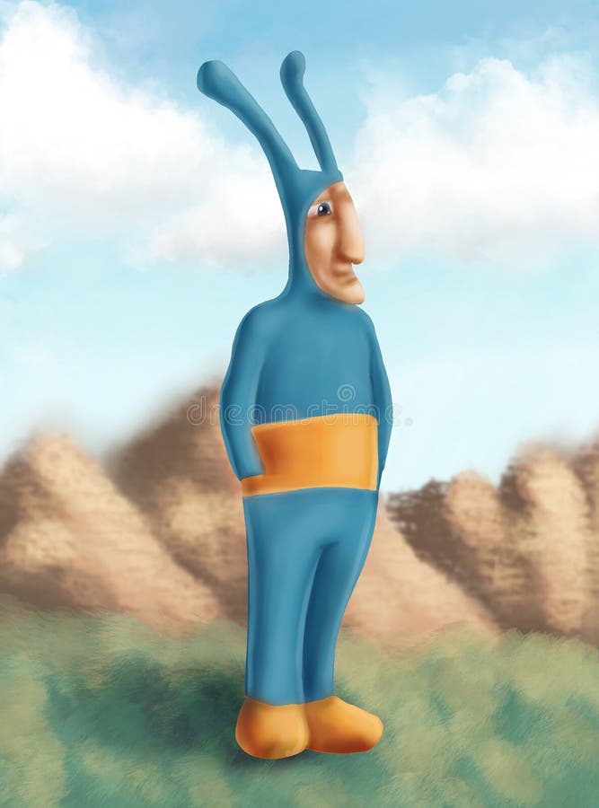 Blue Bug Man Standing in Front of the Mountains Stock Illustration ...