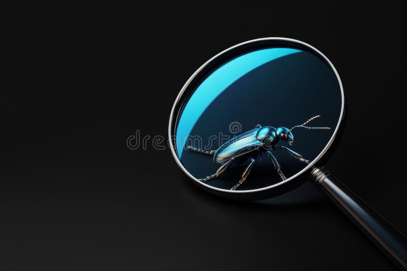 A Blue Bug is Positioned Under a Magnifying Glass Set Against a Black ...