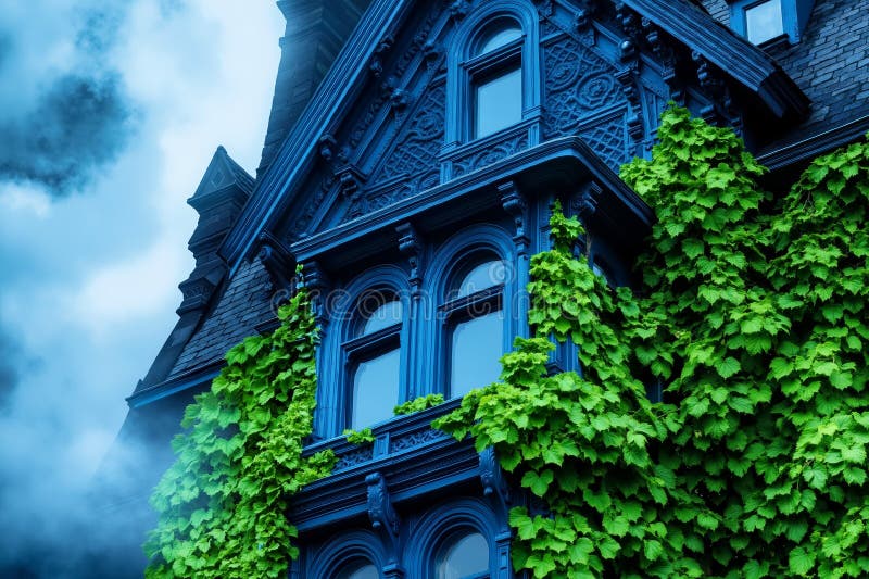 A Blue Building with Ivy Growing on the Side of it Stock Image - Image ...