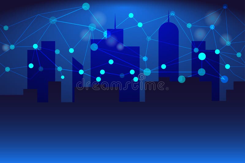 Abstract Background, Shadows, Blue Buildings with Connectivity Network ...