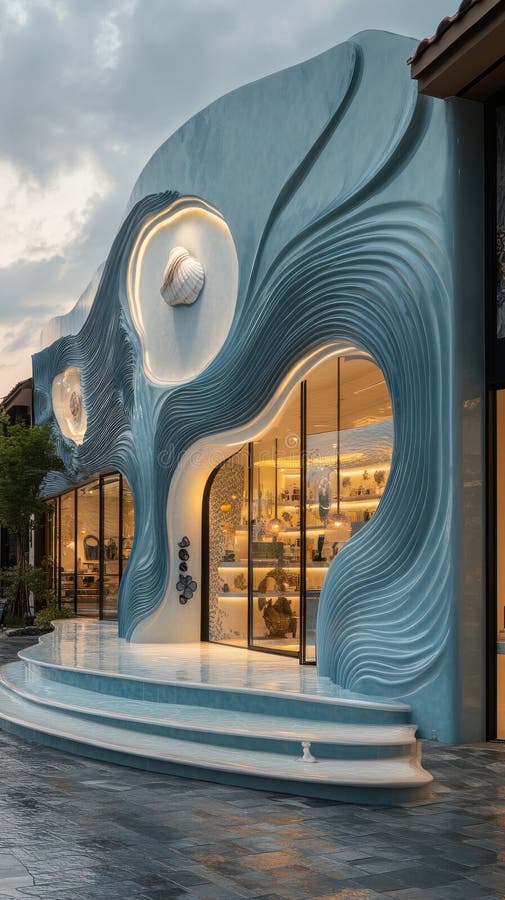 A Blue Building with a Blue Wave Design on the Front Stock Image ...