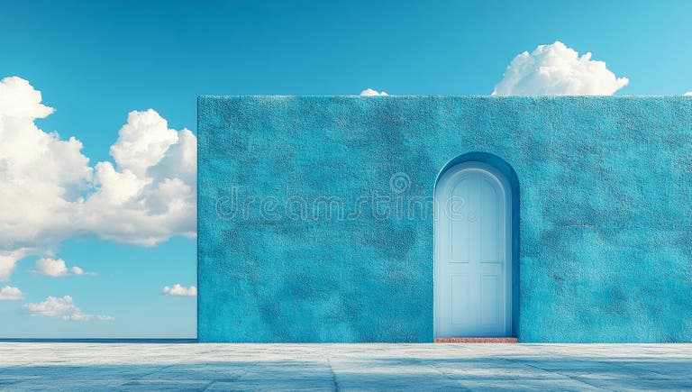 A Blue Building with a White Door and a Blue Arch Stock Photo - Image ...
